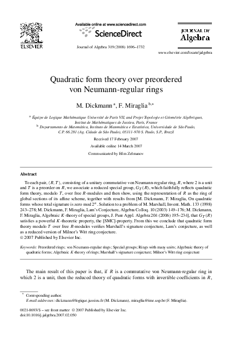 (PDF) Quadratic form theory over preordered von Neumann-regular rings ...