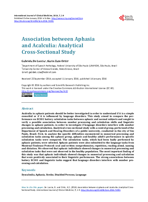 (PDF) Association between Aphasia and Acalculia: Analytical Cross ...