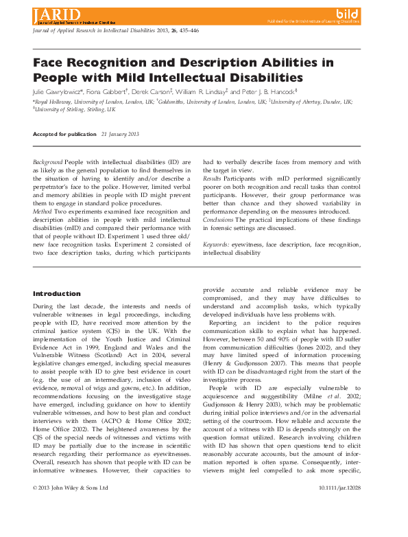 (PDF) Face Recognition and Description Abilities in People with Mild ...