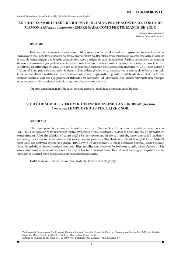 (PDF) ESTUDO DA MOBILIDADE DE RICINA E RICININA PROVENIENTES DA TORTA ...