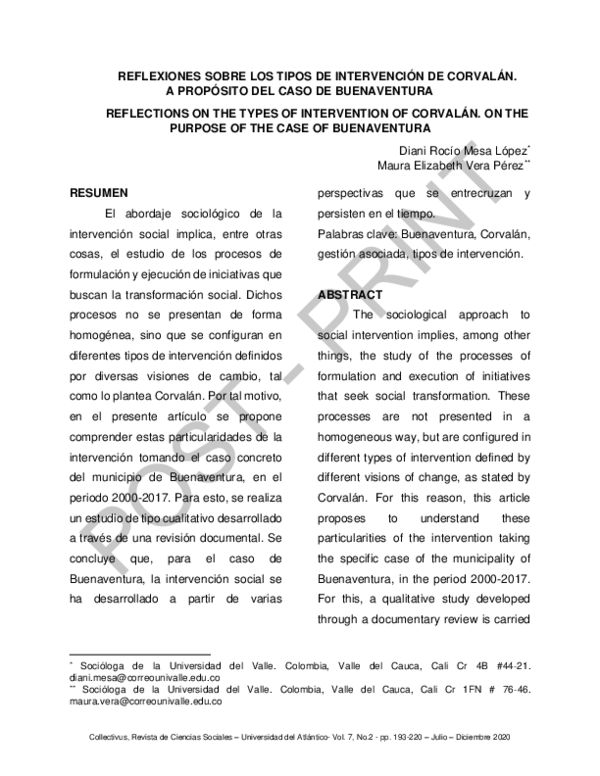 (PDF) Reflexiones sobre los Tipos de Intervención de Corvalán. A propósito del caso de Buenaventura
