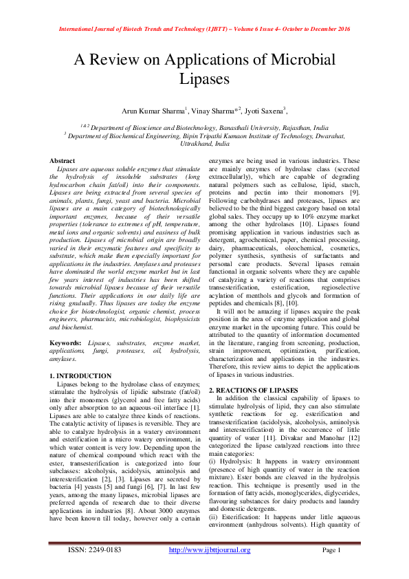 (PDF) A Review on Applications of Microbial Lipases