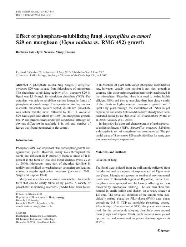 (PDF) Effect of phosphate-solubilizing fungi Aspergillus awamori S29 on ...