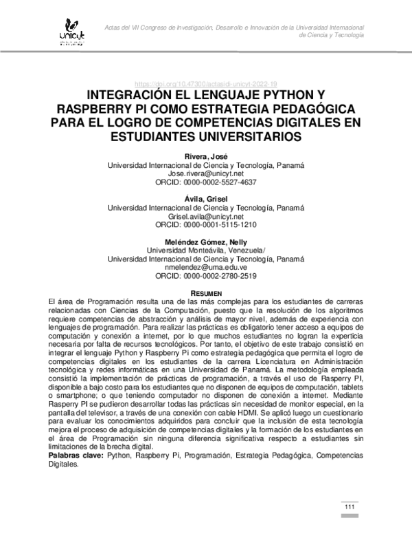 (PDF) Integración El Lenguaje Python y Raspberry Pi Como Estrategia Pedagógica Para El Logro De ...