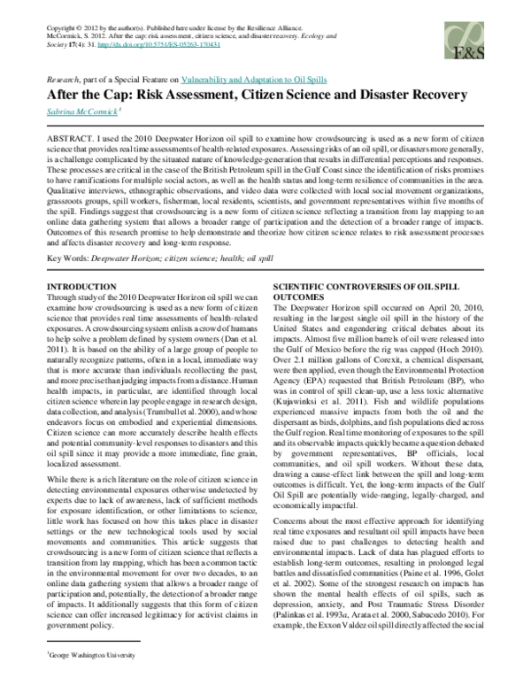 (PDF) After the Cap: Risk Assessment, Citizen Science and Disaster Recovery