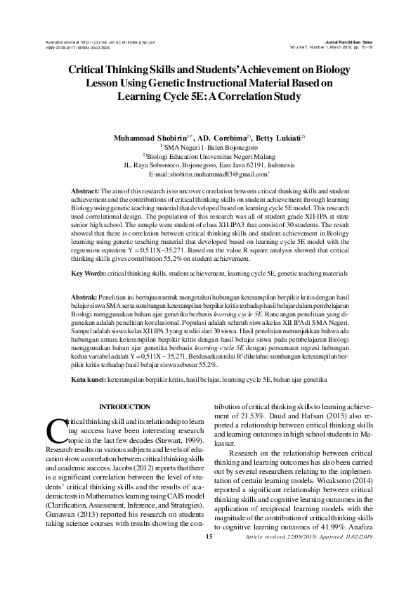 (PDF) Critical Thinking Skills and Students’ Achievement on Biology Lesson Using Genetic ...