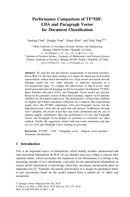 Pdf Performance Comparison Of Tf Idf Lda And Paragraph Vector For