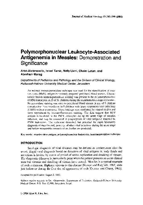 (PDF) Polymorphonuclear leukocyte-associated antigenemia in measles ...