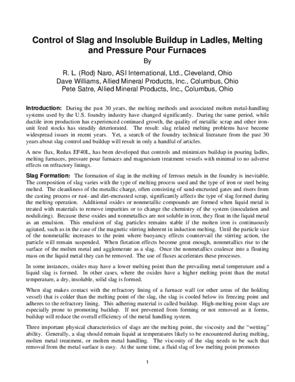(PDF) Control of Slag and Insoluble Buildup in Ladles, Melting and ...