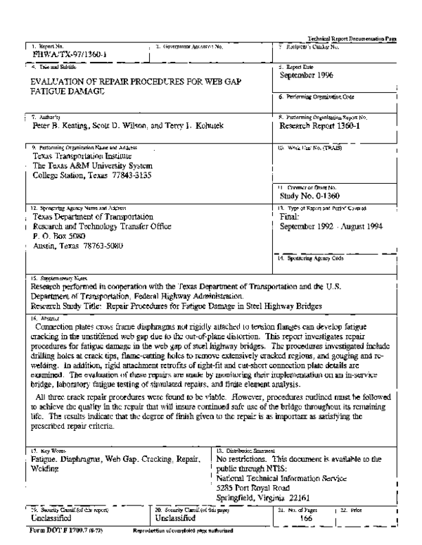 (PDF) Evaluation of Repair Procedures for Web Gap Fatigue Damage