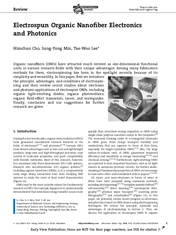 (PDF) Electrospun Organic Nanofiber Electronics and Photonics