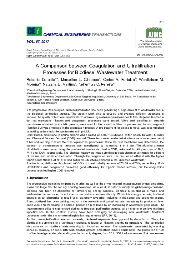 (PDF) A Comparison between Coagulation and Ultrafiltration Processes for Biodiesel Wastewater ...