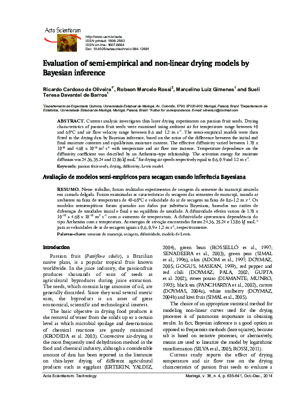 (PDF) Evaluation of semi-empirical and non-linear drying models by Bayesian inference