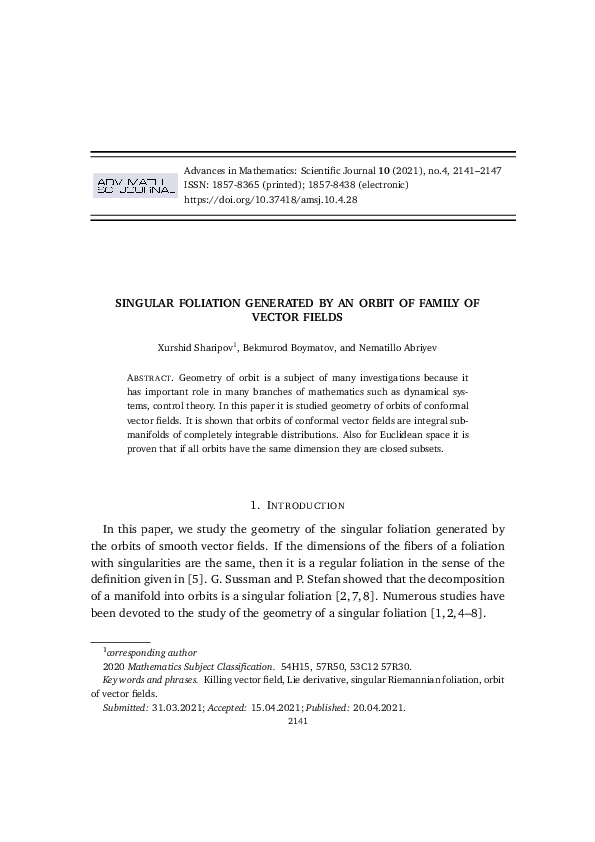 (PDF) Singular Foliation Generated by an Orbit of Family of Vector Fields