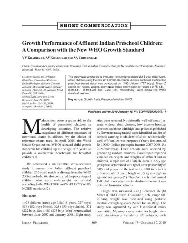 (PDF) Growth performance of affluent Indian preschool children: A ...