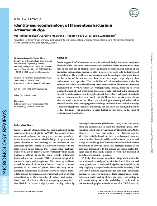 (PDF) Identity and ecophysiology of filamentous bacteria in activated ...