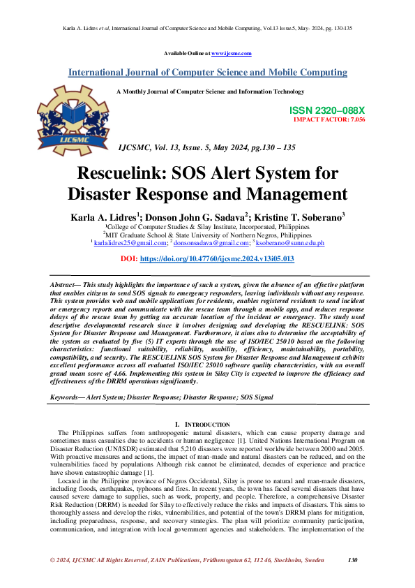 (PDF) Rescuelink: SOS Alert System for Disaster Response and Management