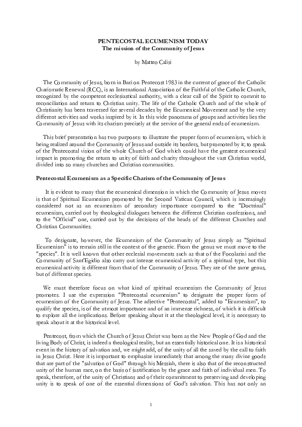 (PDF) "PENTECOSTAL ECUMENISM TODAY: THE MISSION OF THE COMMUNITY OF ...