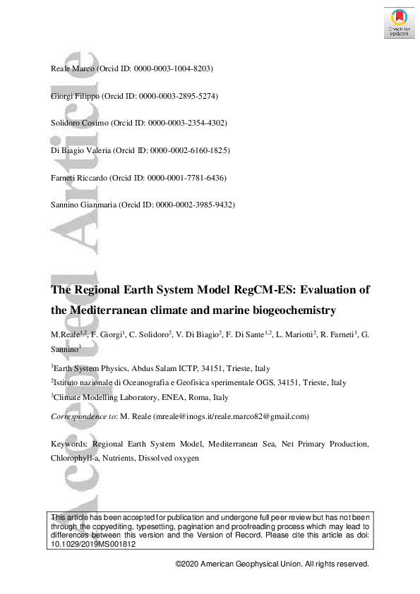 (PDF) The Regional Earth System Model RegCM‐ES: Evaluation of the ...