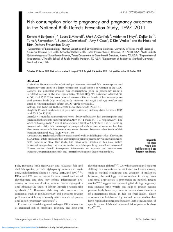 (PDF) Fish consumption prior to pregnancy and pregnancy outcomes in the ...