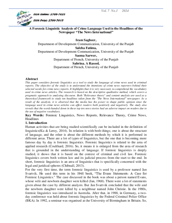 (PDF) A Forensic Linguistic Analysis of Crime Language Used in the Headlines of the Newspaper ...