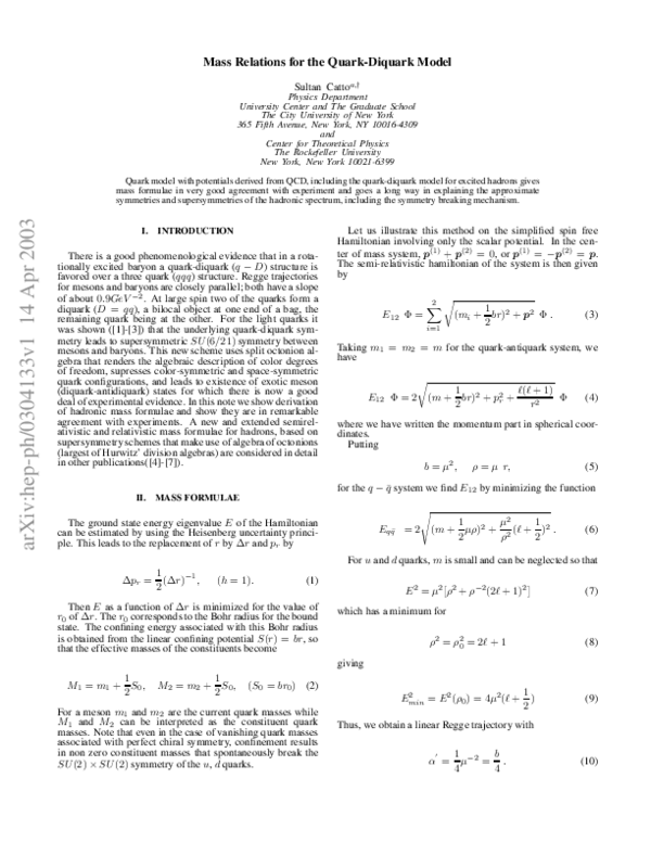 (PDF) Mass Relations for the Quark-Diquark Model