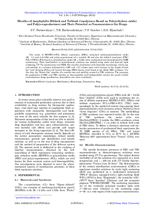 (PDF) Micelles of Amphiphilic Diblock and Triblock Copolymers Based on Poly(ethylene oxide) and ...