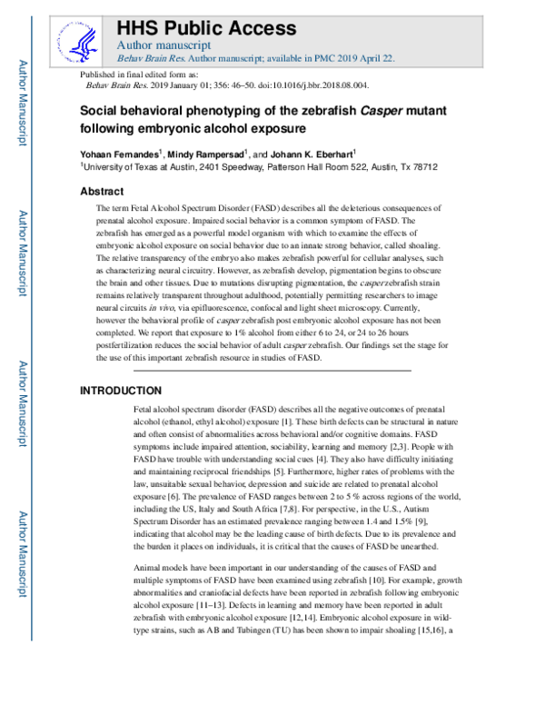 (PDF) Social behavioral phenotyping of the zebrafish casper mutant ...