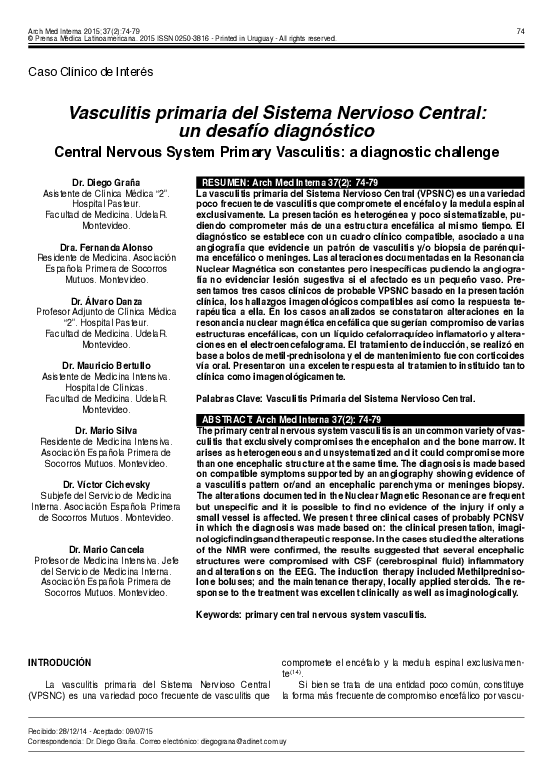 (PDF) Vasculitis primaria del Sistema Nervioso Central: un desafío diagnóstico Central Nervous ...