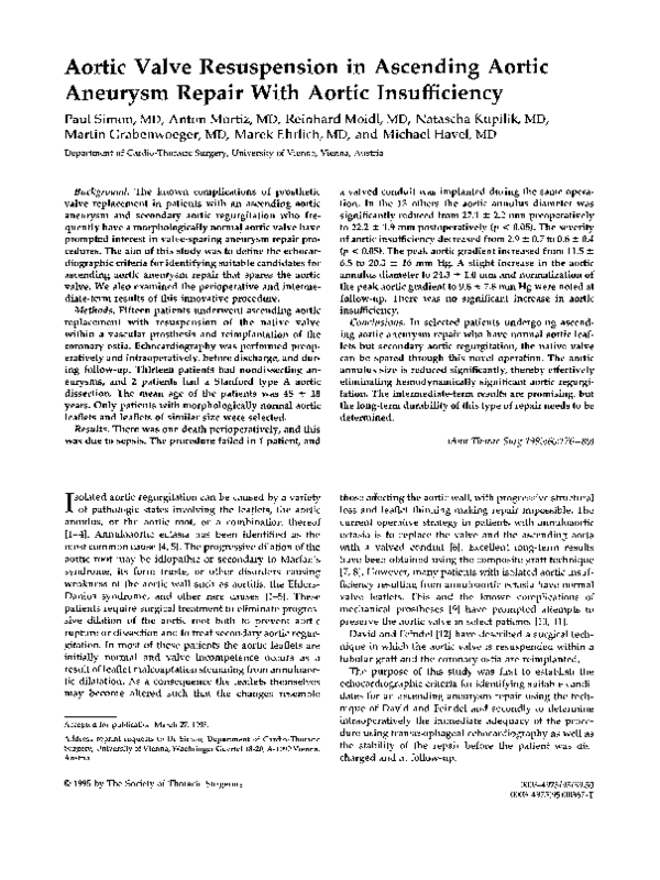 (PDF) Aortic valve resuspension in ascending aortic aneurysm repair ...
