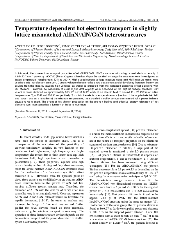 (PDF) Temperature dependent hot electron transport in slightly lattice mismatched AlInN/AlN/GaN ...