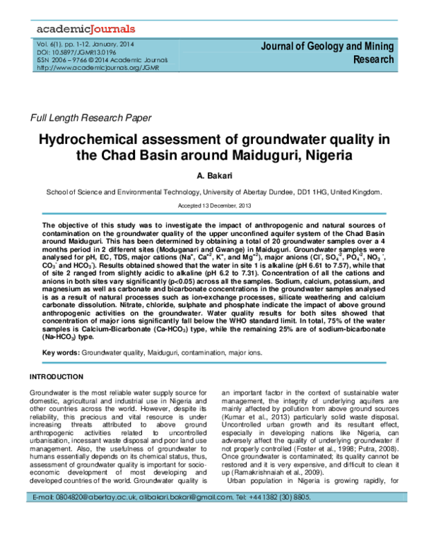 (PDF) Hydrochemical assessment of groundwater quality in the Chad Basin around Maiduguri, Nigeria