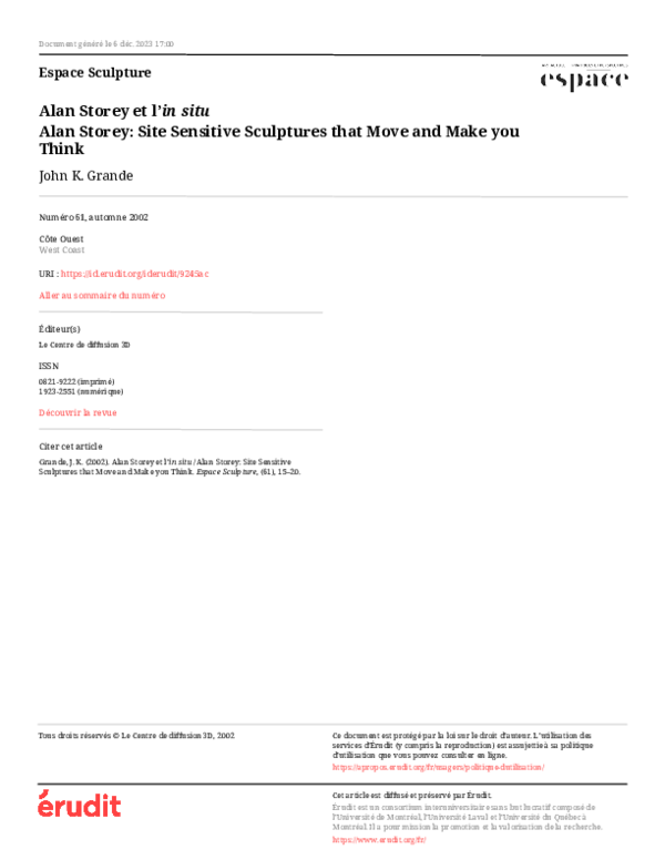 (PDF) Alan Storey et l’in situ / Alan Storey: Site Sensitive Sculptures ...