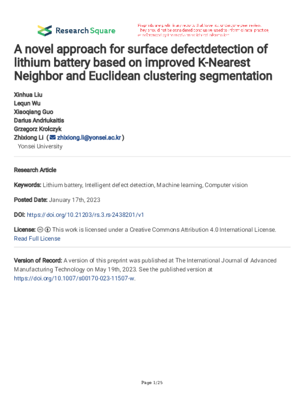 (PDF) A novel approach for surface defectdetection of lithium battery based on improved K ...