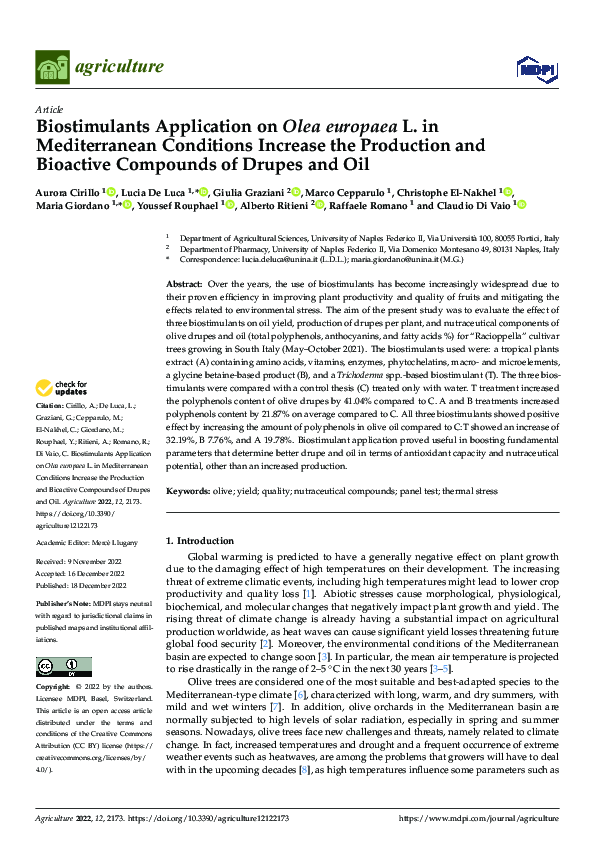 (PDF) Biostimulants Application on Olea europaea L. in Mediterranean Conditions Increase the ...