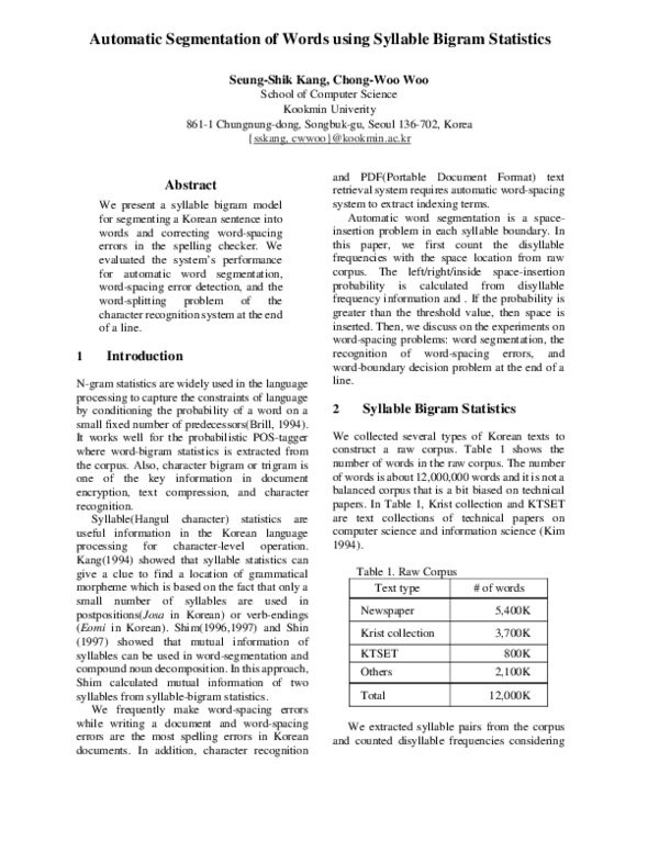 (PDF) Automatic Segmentation of Words using Syllable Bigram Statistics