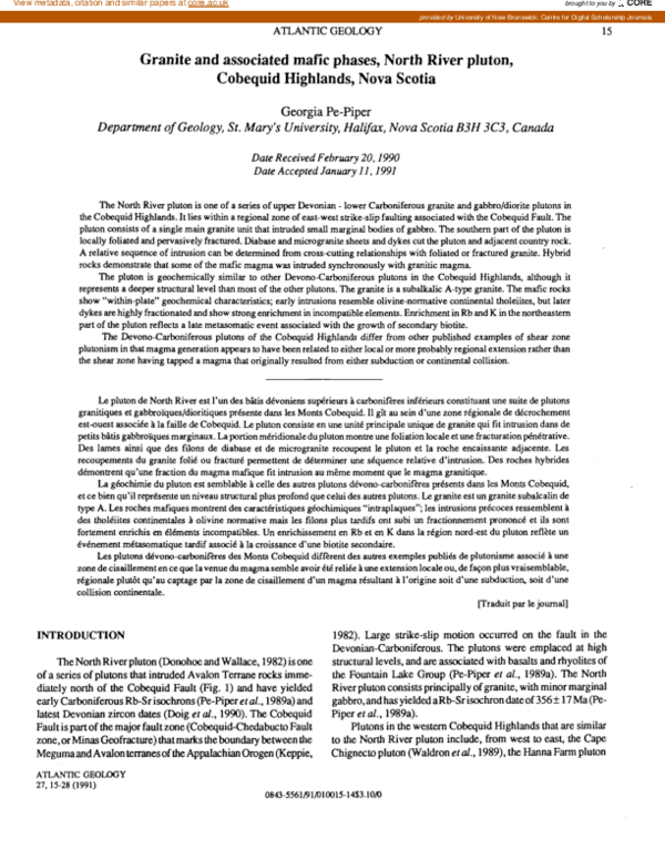 (PDF) Granite and associated mafic phases, North River pluton, Cobequid ...