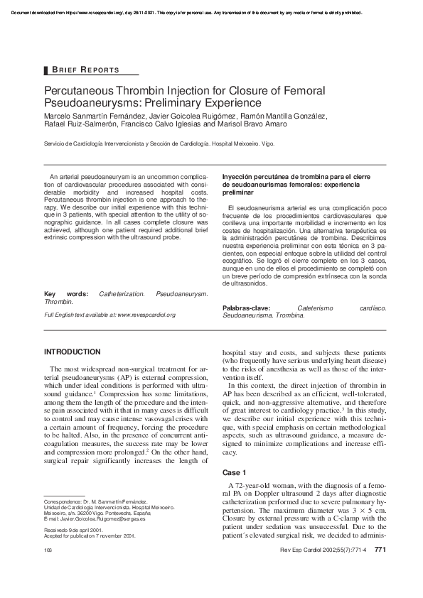 (PDF) [Percutaneous thrombin injection for closure of femoral ...