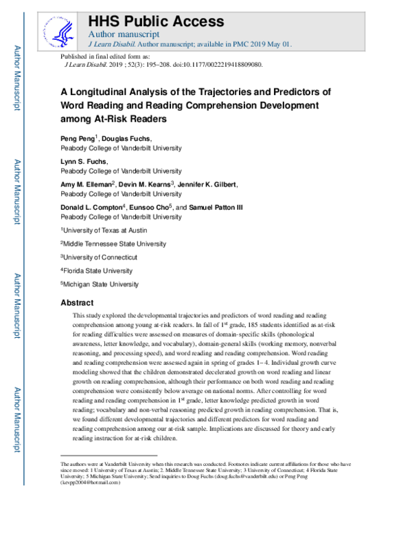 (PDF) A Longitudinal Analysis of the Trajectories and Predictors of Word Reading and Reading ...