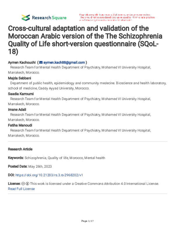 Pdf Cross Cultural Adaptation And Validation Of The Moroccan Arabic Version Of The The