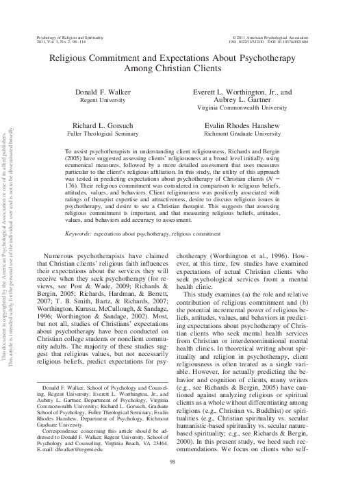 (PDF) Religious commitment and expectations about psychotherapy among Christian clients
