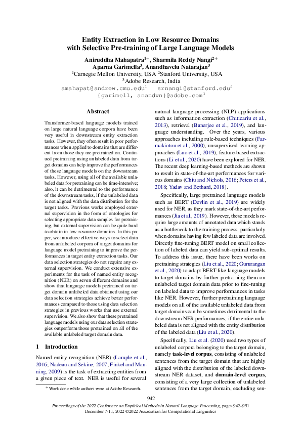 (PDF) Entity Extraction in Low Resource Domains with Selective Pre-training of Large Language ...