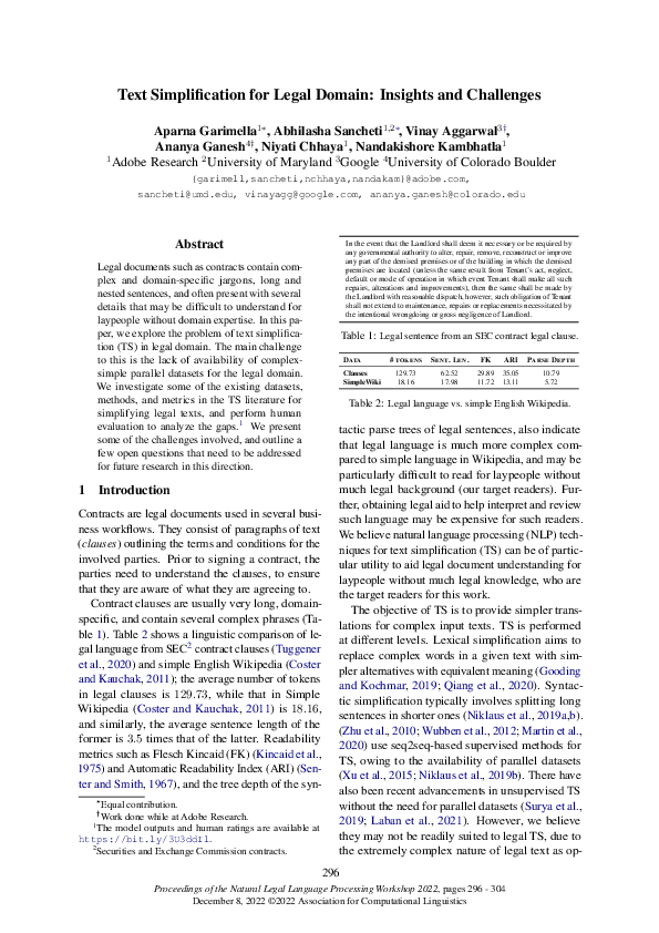 (PDF) Text Simplification for Legal Domain: {I}nsights and Challenges