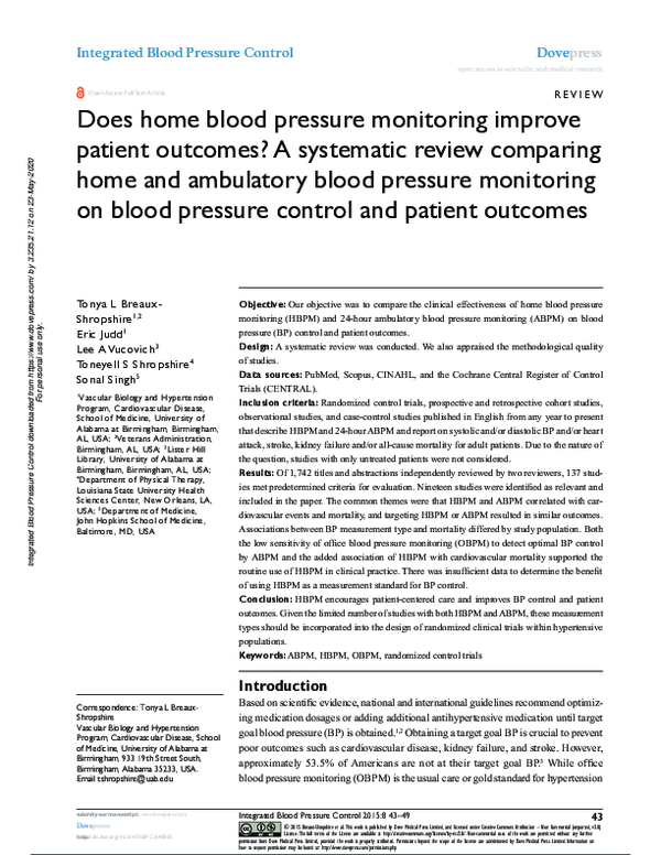 (PDF) Does home blood pressure monitoring improve patient outcomes? A ...