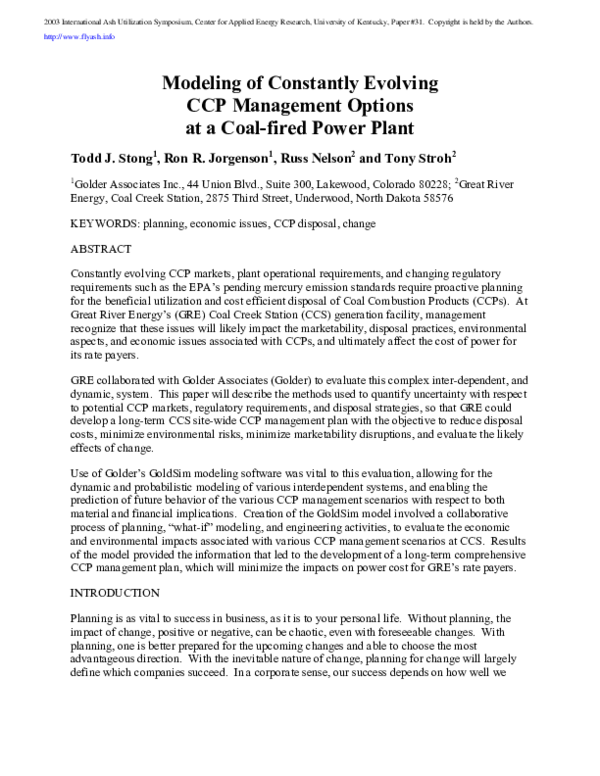 (PDF) Modeling of Constantly Evolving CCP Management Options at a Coal ...