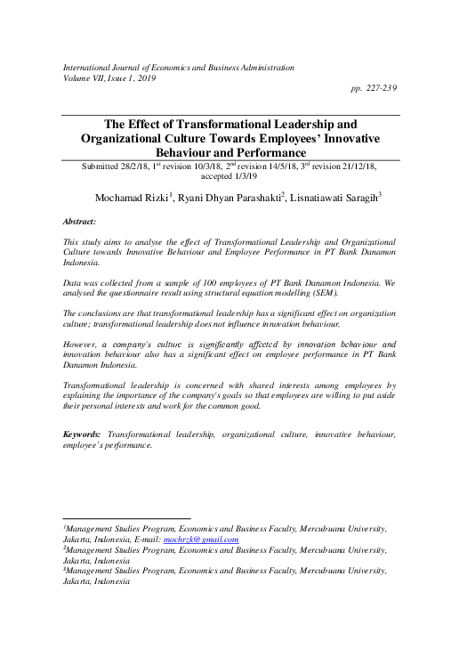(PDF) The Effect of Transformational Leadership and Organizational Culture Towards Employees ...