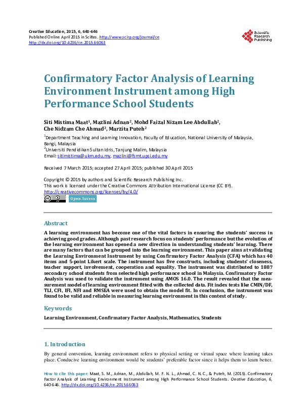 (PDF) Confirmatory Factor Analysis of Learning Environment Instrument among High Performance ...