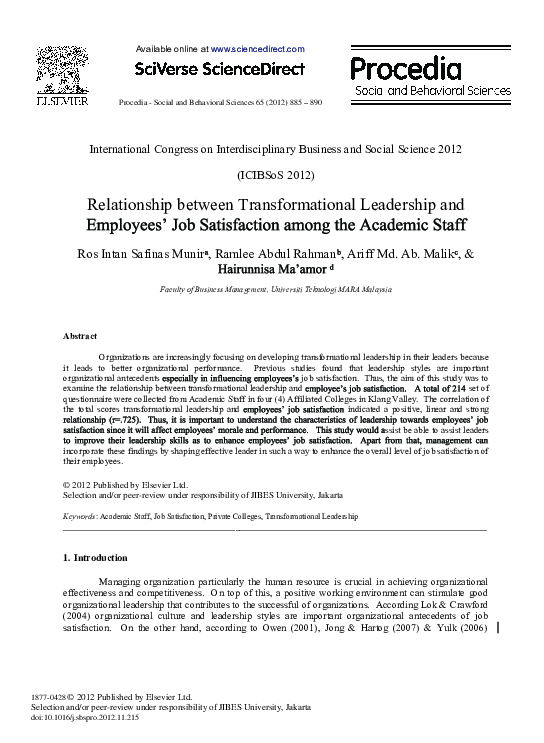 (PDF) Relationship between Transformational Leadership and Employees’ Job Satisfaction among the ...