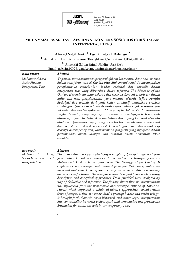 (PDF) Muhammad Asad Dan Epistimologi Tafsirnya: Konteks Sosio-Historis Dalam Interpretasi Teks ...