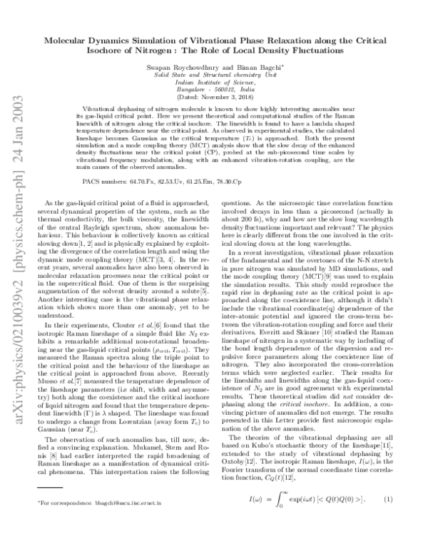 (PDF) Molecular Dynamics Simulation of Vibrational Phase Relaxation along the Critical Isochore ...